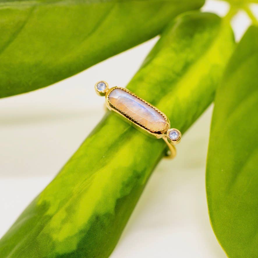 Brass Long Moonstone Ring – Zingaro Floral Perfumery